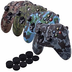 YoRHa Water Transfer Printing Camouflage Silicone Cover Skin Case for Microsoft Xbox One X & Xbox One S Controller[After 8.2016 Model] x 4(Forest+Navy+Desert+Snow) with PRO Thumb Grips x 8