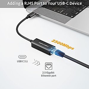 CableCreation USB C to 2.5G Ethernet Adapter, USB C 3.1 to RJ45 2.5 Gigabit LAN Thunderbolt 3, Compatible with MacBook Pro MacBook Air iPad Pro Surface Pro 7 Dell XP15 13 Chromebook Windows Mac OS