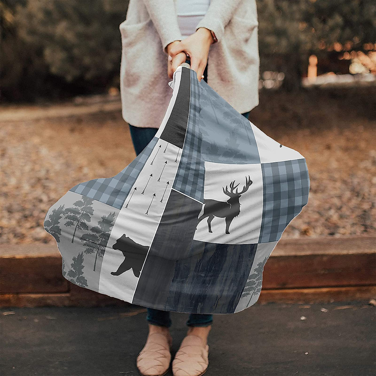 Car Seat Canopy Nursy Cover, Retro Countryside Bear Moose Woods Multi Use Breastfeeding Scarf for Infant Carseat Canopy, Stroller, Shopping Cart, Highchair Grey Blue Plaid