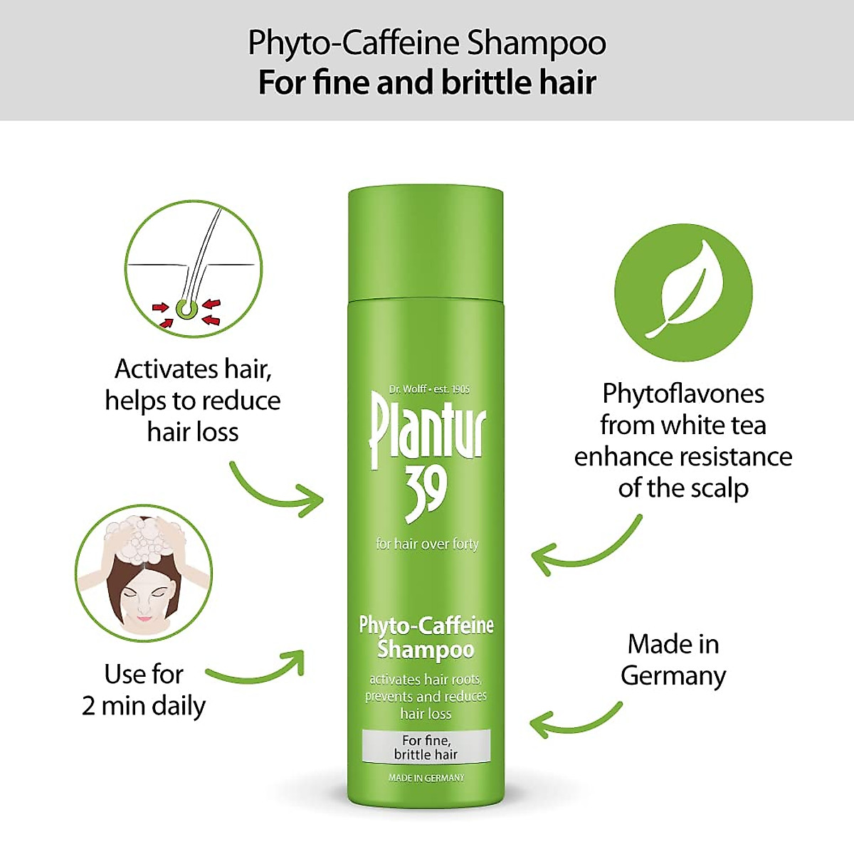 Plantur 39 Natural Phyto Caffeine Shampoo for Thinning Hair for Women, Volumizing Shampoo for Natural Hair Growth for Fine and Thinning Hair, Niacin, Caffeine, Zinc, White Tea Extract, 8.45 floz