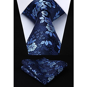 HISDERN Men's Floral Tie Handkerchief Jacquard Woven Classic Men's Necktie & Pocket Square Set,Navy Blue,8.5cm / 3.4 inches in Width