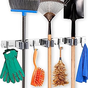 Garnen Mop and Broom Organizer (3 Racks 4 Hooks), Heavy Duty Broom Wall Mount Rake Holder Stainless Steel Tool Hanger for Home, Kitchen, Garage, Garden, Laundry Room, Bathroom Organization and Storage