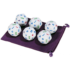 Alphabet Jumbo Dice, 30-Sided, Set of 6 Identical Dice, Purple Velveteen Drawstring Storage Pouch, Bundled Items