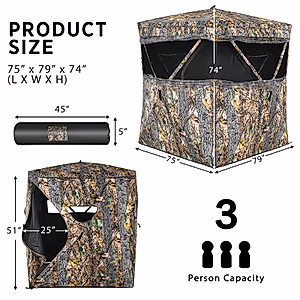 GYMAX Hunting Blind, 3 Person Pop Up See Through Silent Sliding Ground Blind with Hub System, Triangle Zipper Door & Carry Bag, Camouflage Mossy Backwoods Waterproof Deer Hunting Blind Tent