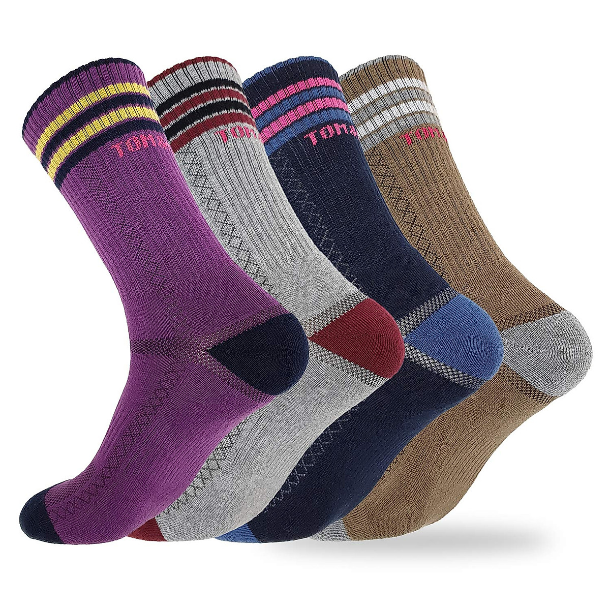 Tom & Mary Women’s Hiking Socks, Cotton (84%), Long Crew, Moisture Wicking, Half Double Cushioned, Lightweight (4 Pairs) (Medium Size 6-9)