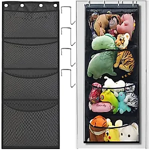 Stuffed Animal Storage, Over The Door Organizer Storage for Filling Stuff Toys, Stuffed Animals Holder with 4 Pockets, Foldable Portable Durable Hanging Storage Holder for Room (Black)