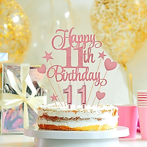 11th Birthday Cake Decorations Set Include 11th Birthday Candles Numeral 11 Cake Candles and Happy 11th Birthday Cake Toppers with Heart Star Cupcake Picks for Birthday Party (Rose Gold Series)