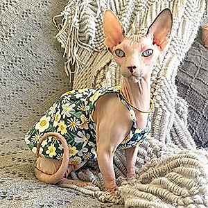 Hairless Cat Clothes - Breathable Summer Cotton Sundress with Sunflower Print Suspender Skirt Elegant Romantic Girly Vest Soft Princess Dress for Sphynx, Cornish Rex, Devon Rex, Peterbald (XS)
