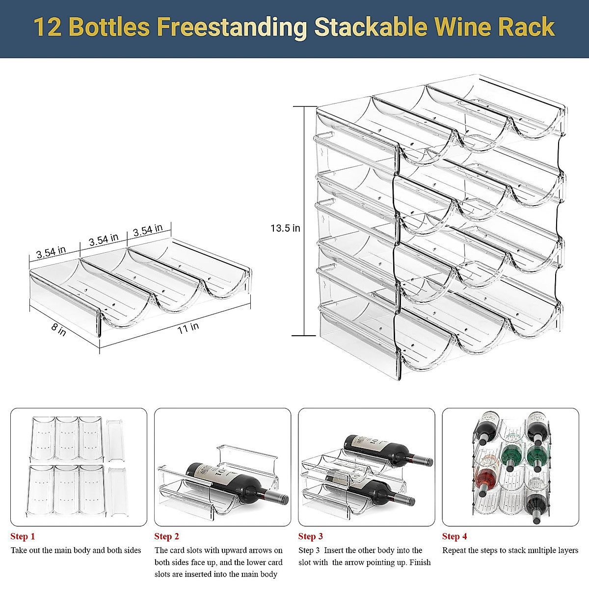 Plastic Water Bottle Organizer and Wine Rack Storage Holder,4 Tier 12 Containers Stackable Free-Standing Bottle Storage Rack for Kitchen Countertops, Table Top, Pantry, Bars, Cabinets, Fridge - Clear