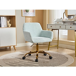 KCC Corduroy Fabric Vanity Makeup Desk Chair, Fluffy Swivel Modern Armchair with Wheels, Upholstered Fuzzy Height Adjustable for Girls Home Office, Blue