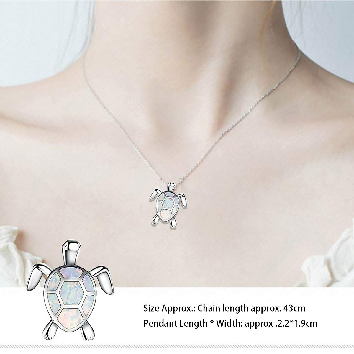 Hithop Cute Turtle Pendant Necklace Lovely Animals White Fire Opal Plated Silver Necklace Jewellery Gifts (White)