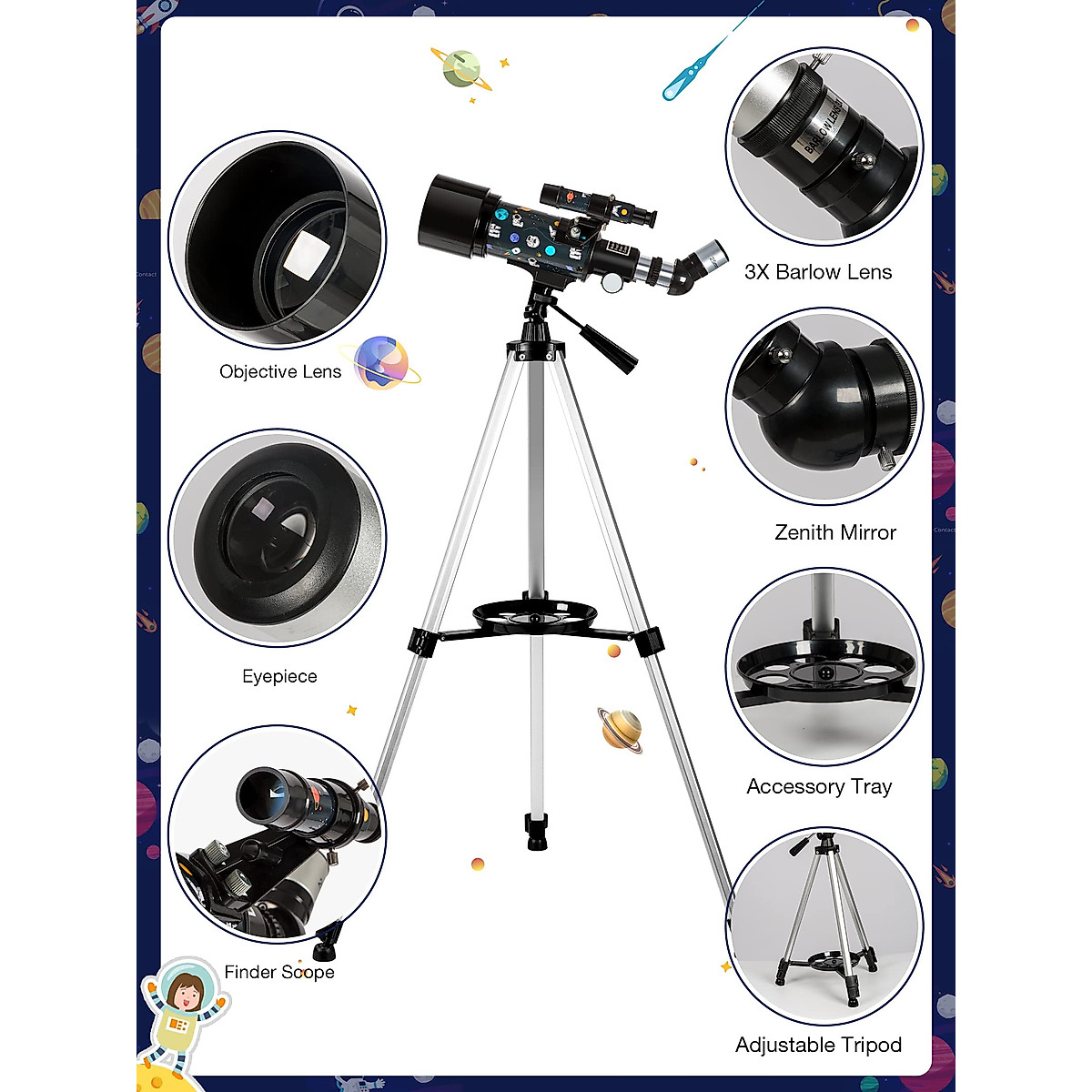 Telescope for Kids Adults Astronomy Beginners over 8 Years Old, 70mm Aperture Astronomical Refractor Telescopes with Phone Adapter & Wireless Remote, Astronomy Space for Christmas Birthday