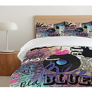 Ambesonne Old Newspaper Duvet Cover Set, Retro Blues Music Genre Old Record Electric Guitars Kiss Inscriptions Grunge, Decorative 3 Piece Bedding Set with 2 Pillow Shams, Queen Size, Dark Lavender