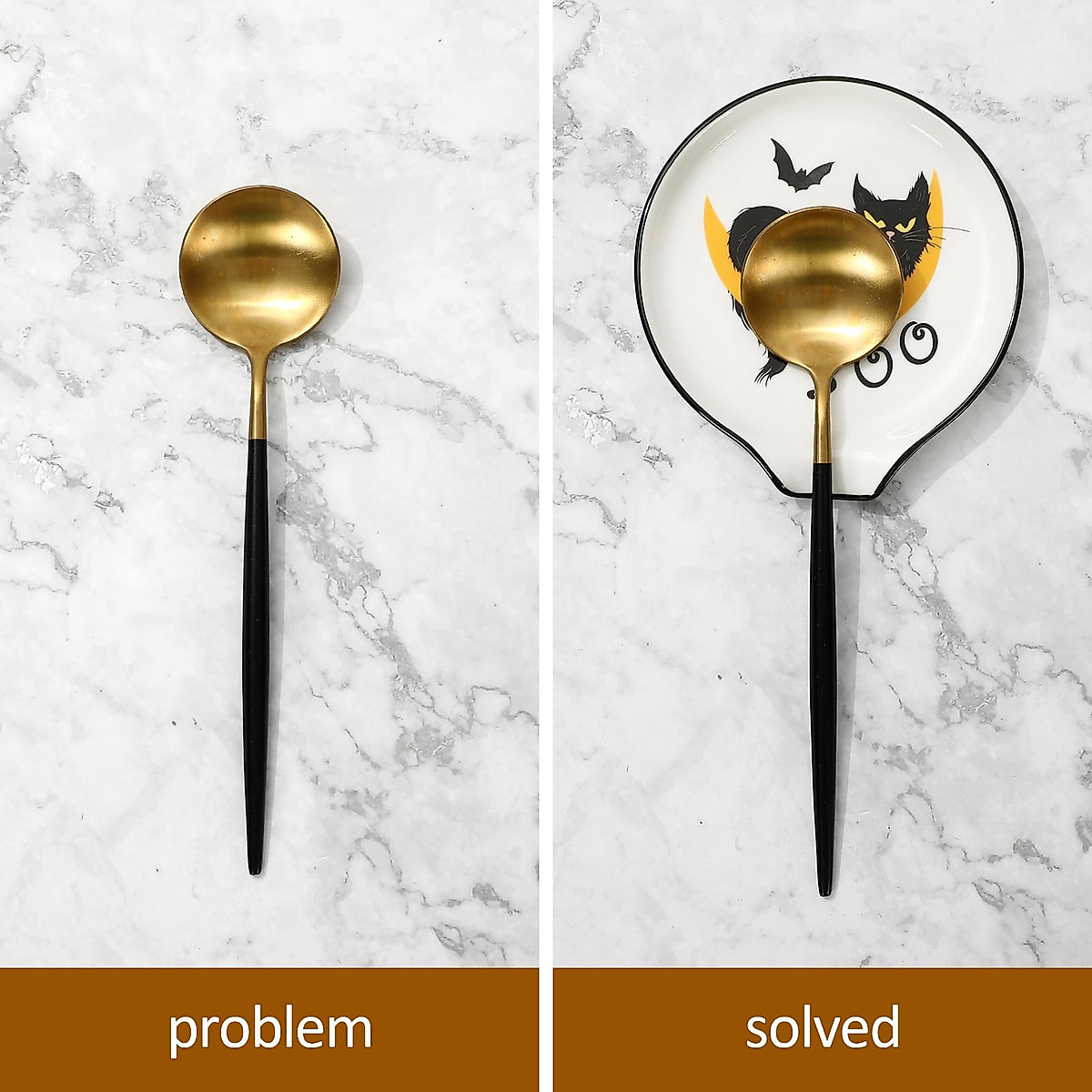 Whaline 2Pcs 4.7inch Halloween Ceramic Spoon Rest Spooky Pumpkin Black Cat Small Coffee Spoon Holder for Coffee Stirrers Teaspoon Bar Spoon Coffee Station Bar Accessories