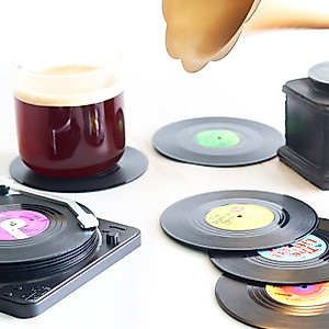 Funny Retro Vinyl Record Coasters for Drinks with Vinyl Record Player Holder for Music Lovers,Set of 6 Conversation Piece Sayings Drink Coaster,Wedding Registry Gift Ideas,Housewarming Hostess Gifts