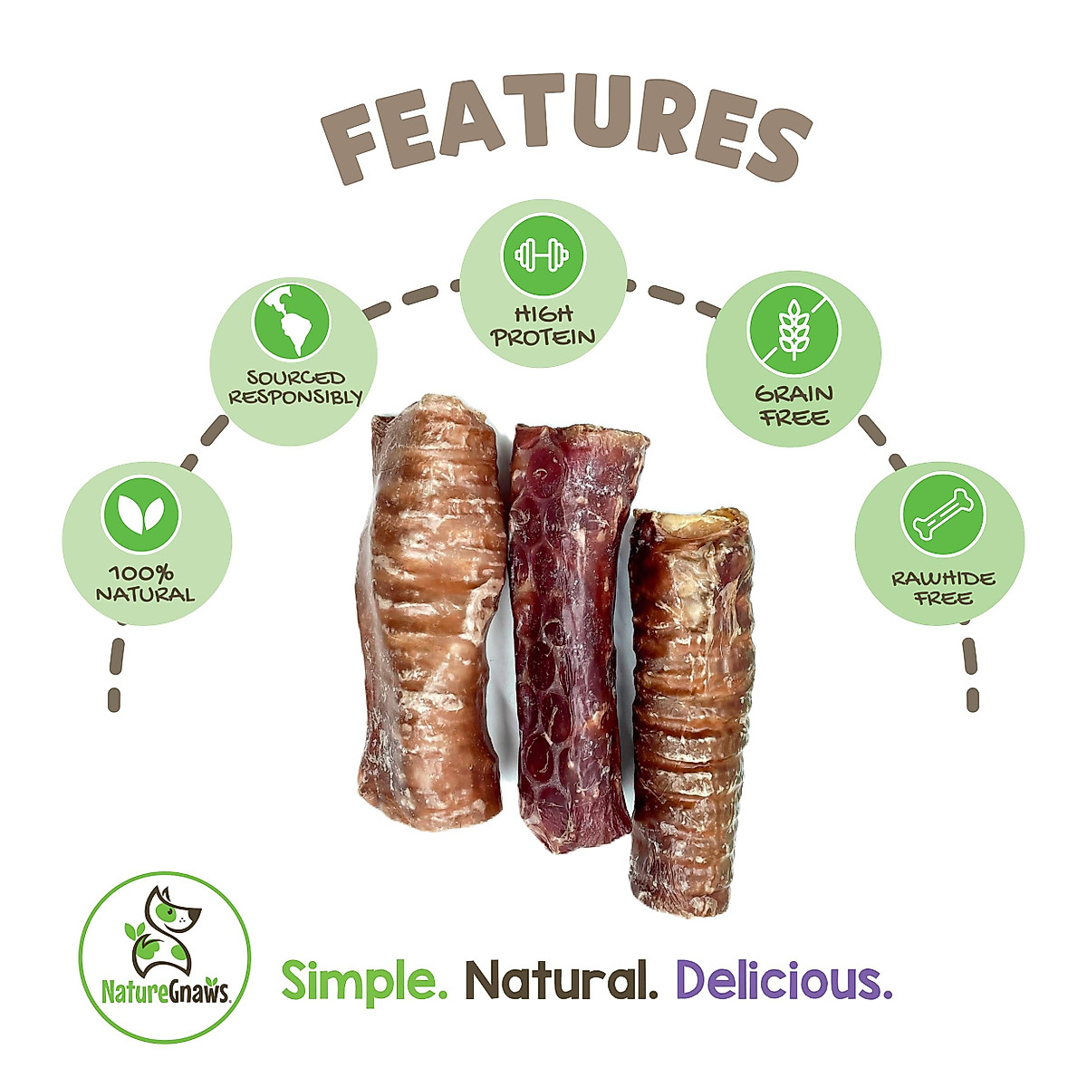Nature Gnaws Beef Trachea Crunch Wraps for Dogs (3 Count) - Long Lasting Natural Beef Jerky Dog Chew Bones - Rawhide Free