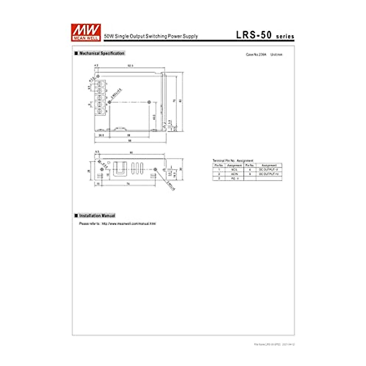MW Mean Well Enclosed Type LRS-50W-12/15/24/3.3/36/48/5V Non-PFC LRS Series 50W Single Output Switching Power Supply (LRS-50-24)