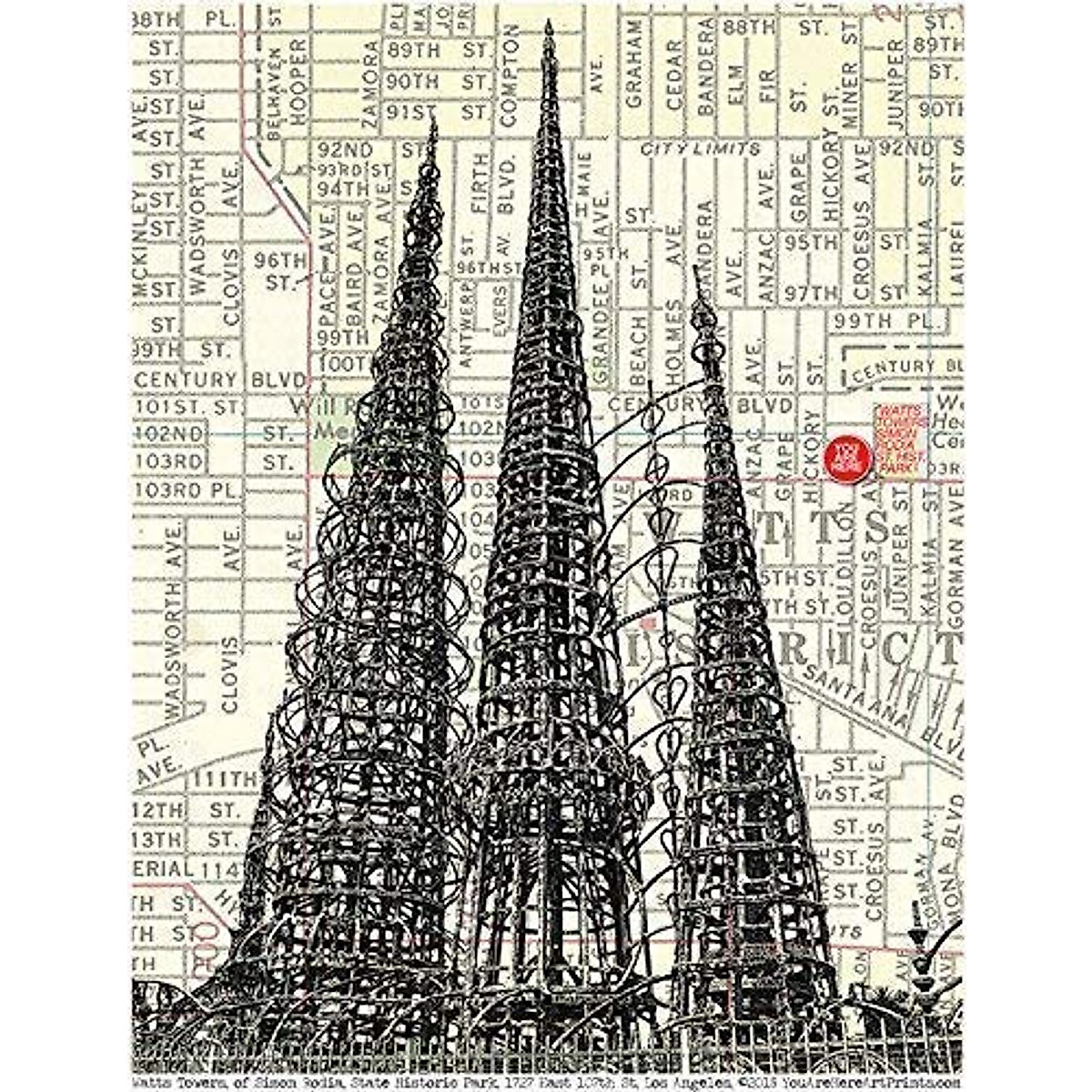 Los Angeles Watts Towers State Historic Park Tribute to Simon Rodia Art Print. You Are Here. Gallery Quality. Matted at 11 inches x 14 inches and Ready to Frame.