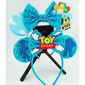 WW-WONDERFULWORLD Mouse Ears Headbands With Shiny Blue Bows, for Girls Costume Cosplay Glitter Party, for Kids & Adult, Sky + Balloon + House; 2QQ