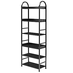 6-Tier Bookcase Freestanding Bookshelf with MDF Board & Round Top Frame, Narrow Rectangular Storage Shelves with Adjustable Foot Pads for Living Room, & Small Spaces (Black)