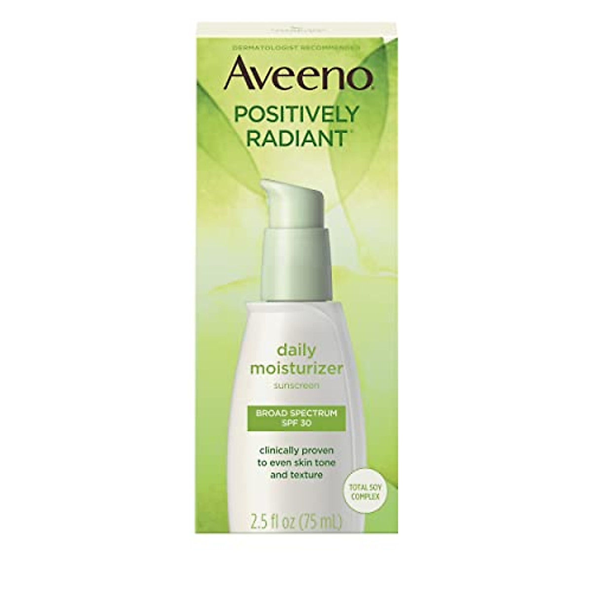 Aveeno Positively Radiant Daily Facial Moisturizer with Total Soy Complex and Broad Spectrum SPF 30 Sunscreen, Oil-Free and Non-Comedogenic, 2.5 fl. oz