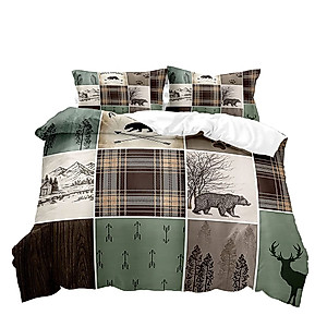 VIVIHOME 3PCS Rustic Cabin Bedding, Duvet Cover Queen, Woodland Animals Wildlife Deer Elk Moose Black Bear Hunting Lodge Country Farmhouse Bedding, Plaid Patchwork Quilt Comforter Cover, 2 Pillowcases