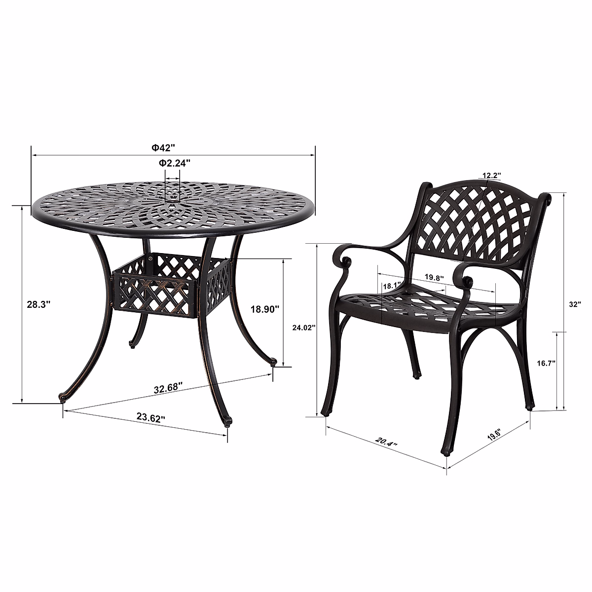 NUU GARDEN 5 Piece Outdoor Patio Dining Set, Cast Aluminum Round Dining Table with Umbrella Hole and Patio Dining Chairs for Patio, Garden, Backyard, Balcony, Black with Bronze Edge