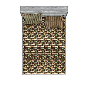 Ambesonne Adventure Cartoon Fitted Sheet & Pillow Sham Set, Dreams Concept with Moons Clouds and Astronauts and Submarines, Decorative Printed 6 Piece Bedding Decor, Calking, Multicolor