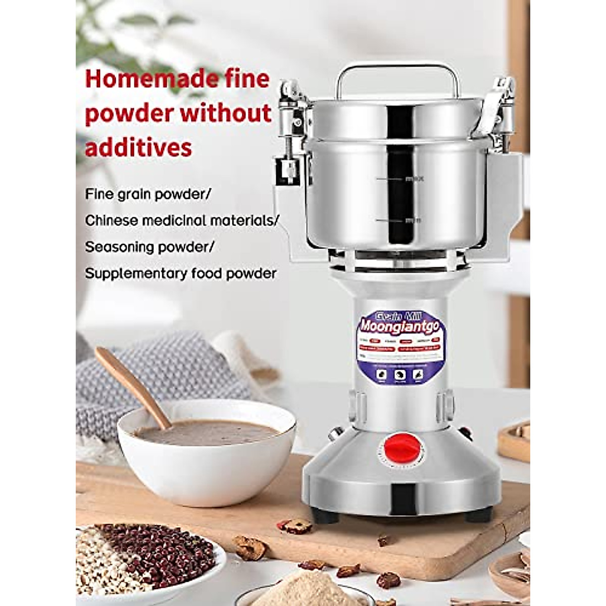 Moongiantgo Grain Mill Grinder Electric 300g Commercial Spice Grinder 1500W Stainless Steel Pulverizer Dry Grinder Grinding Machine (300g Upright, 110V)