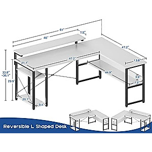 ODK L Shaped Computer Desk, 61" Reversible L Shaped Desk, Corner Computer Desk with Storage Shelves & Monitor Stand, Home Office Desk, Gaming Desk, Corner Desk, Writing Desk, White