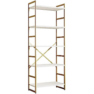 Shintenchi 5 Tiers Bookshelf, Classically Tall Bookcase Shelf, Industrial Book Rack, Modern Book Holder in Bedroom/Living Room/Home/Office, Storage Rack Shelves for Books/Movies,Gold