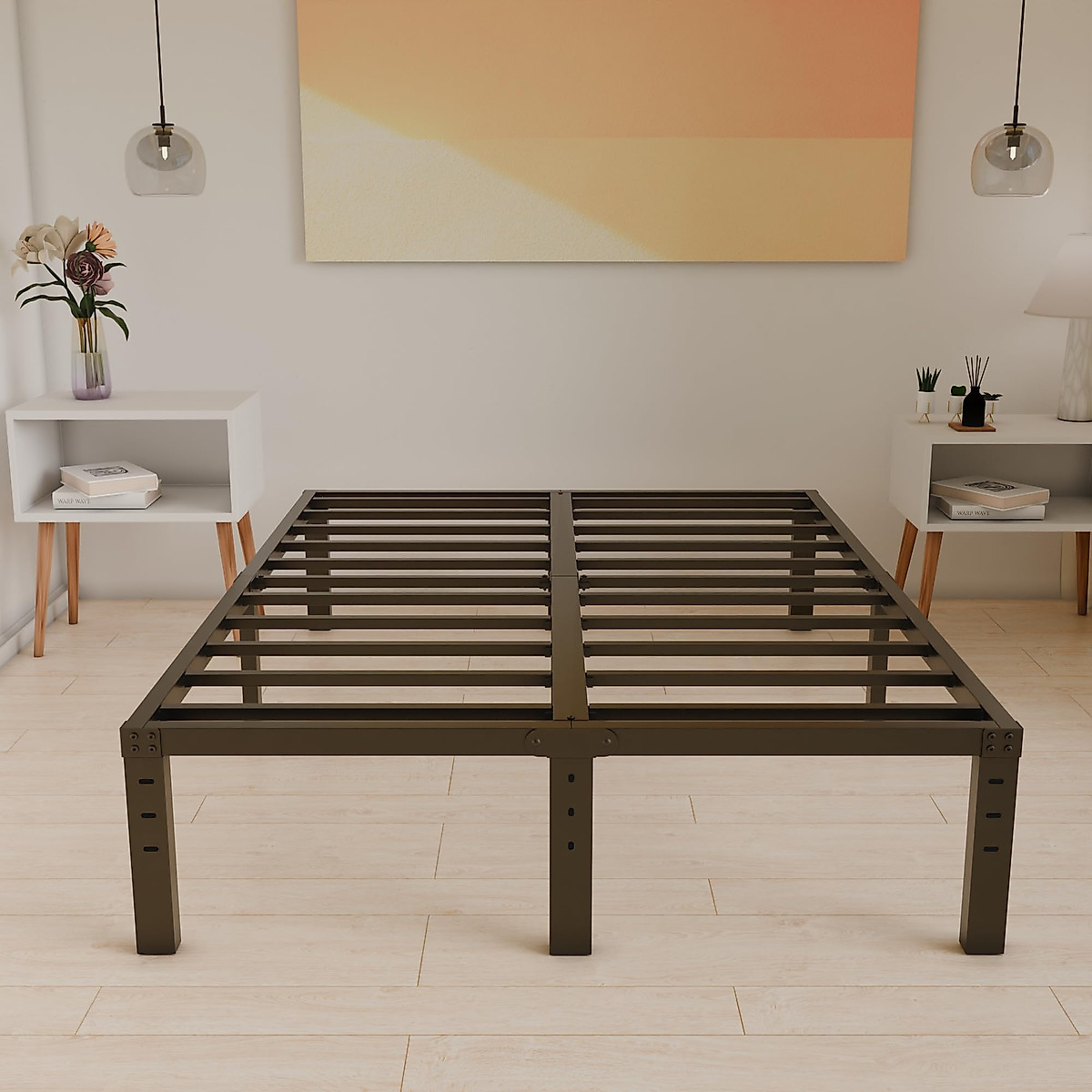 HOBINCHE 14 Inch Metal California King Size Bed Frame No Box Spring Needed - Easy Assembly Heavy Duty Noise Free Bedframes - Double Black Basic Steel Slats Platform with Storage