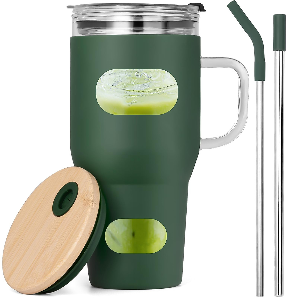 32 oz Glass Tumbler with Straw and Lid, Glass Water Bottle with Handle, Iced Coffee Tumbler with Silicone Sleeve, Christmas Gifts for Women Men, BPA Free Glass Cup Reusable Drinking Glasses