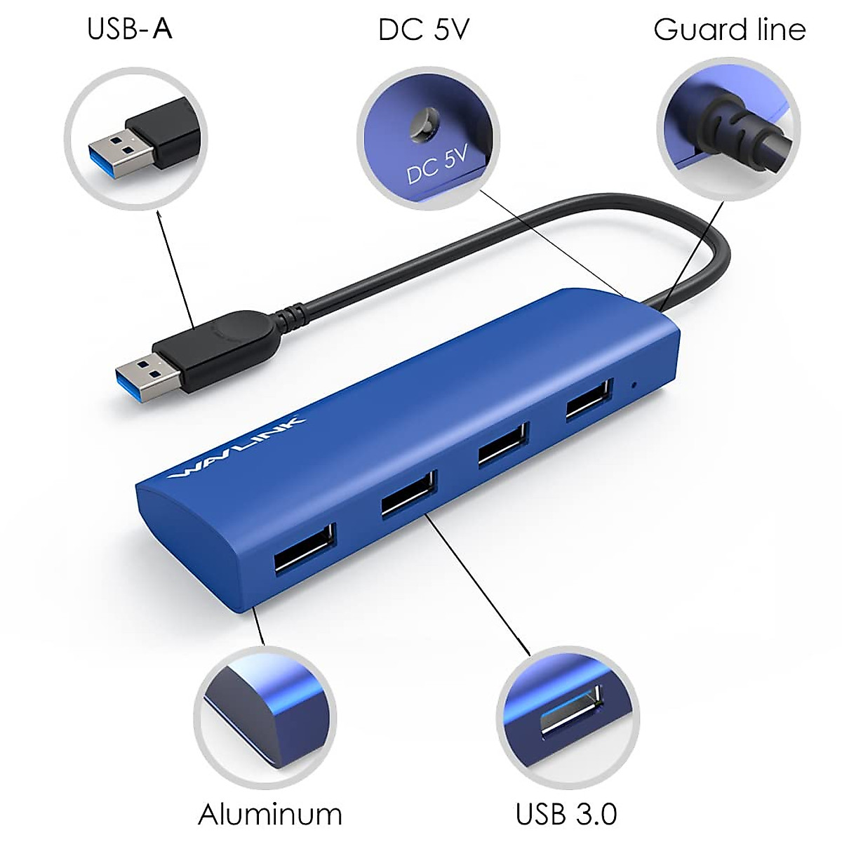 USB 3.0 4-Port Hub Adapter,WAVLINK Slim Aluminum Hub with 4 Port USB 3.0,Compatible with MacBook, Laptop, Surface Pro, PS4, PC, Flash Drive, Mobile HDD