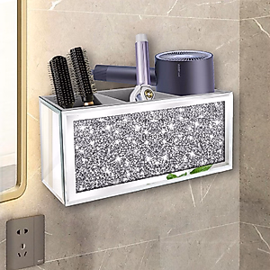XIHACTY Mirror Hair Dryer Holder. Crystal Crush Diamond Hair Tool Organizer Wall Mount. Silver Bathroom Cabinet Tray for Blow Dryers, Hairdryer Straightener, Brushes and Combs.(10.5”x4”x5”)