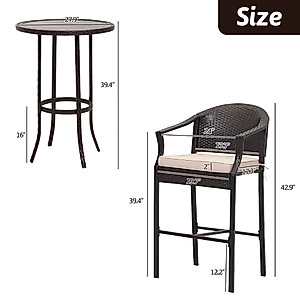 PORWEY 3 Piece Patio Bar Set, Outdoor Rattan Wicker Bar Height Table and Chairs Set, High Top Bistro Set with Pub Table and 2 Cushioned Stools, Outdoor Furniture Set for Backyard Poolside Porch, Beige