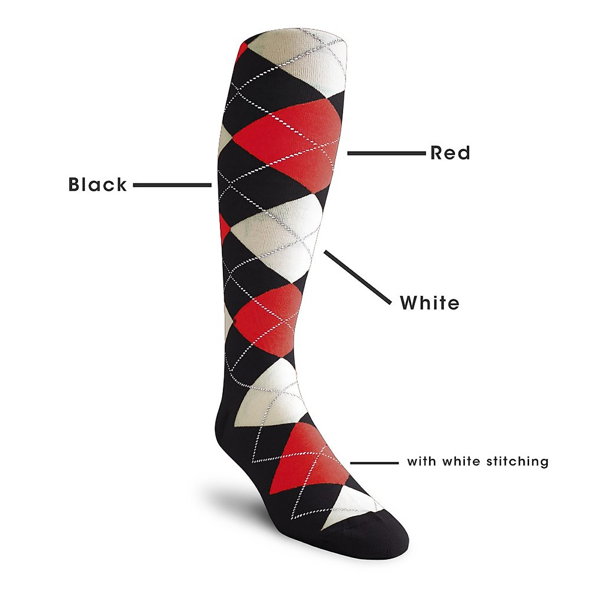 Golf Knickers Colorful Knee High Argyle Cotton Socks For Men Women and Youth - JJJJ: Black/Red/White - Ladies