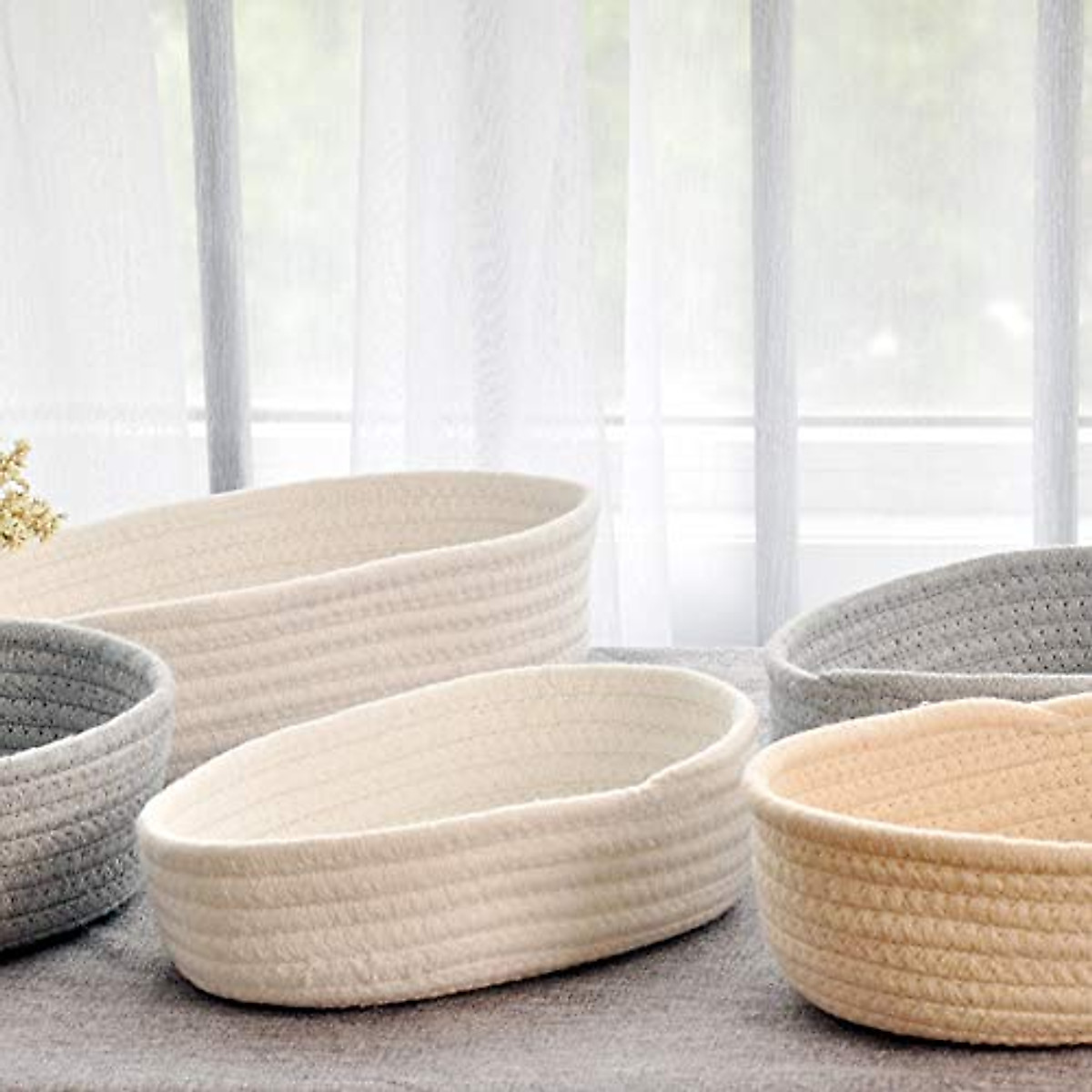 BQEE Cotton Rope Handmade Woven Home Storage Household Candy Toys Storage Basket Sundries Collection Box Candy Snack Food Tray SML Pack of 3 (Oval, White)