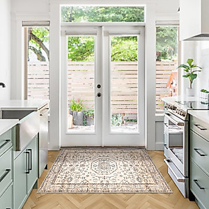 Entryway Rug 2x3 Washable Rug: Boho Small Throw Rug Ultra Thin Indoor Non-Slip Stain Resistance Front Door Mat for Entrance Kitchen Bedroom Home Office (Beige, 2'x3')