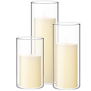 Shihanee Set of 3 Ivory White Pillar Candles and 3 Glass Cylinder Candle Holders for Slim Candles Wedding Halloween Thanksgiving Day Christmas Centerpieces, 2.6'' x 4.7'', 5.9'', 7.9''