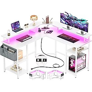 Aheaplus L Shaped Gaming Desk with Power Outlets & LED Lights, Computer Corner Desk with Monitor Stand and Storage Shelf, Home Office Writing Desk with Storage Bag, White