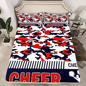 Red Camo Geometry Bed Sheet 4 Piece,Gymnastics Dance Sheets Full Size Bed Set,Dreamy Girly Cheerleading Bedding Set with Flat,Fitted Sheet,2 Pillow Cases