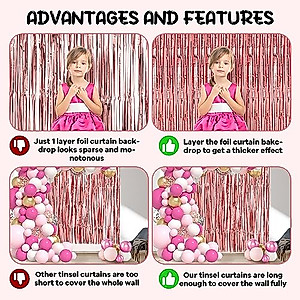 Kipommic 3 Pack Foil Fringe Backdrop Curtains - Rose Gold Tinsel Streamers for Birthday, Graduation Baby Shower Gender Reveal Disco Bachelorette Party Decorations