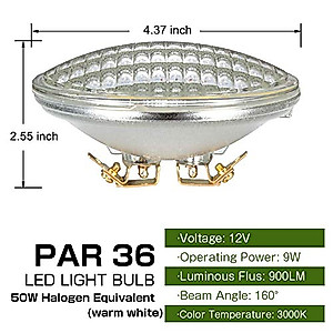 Haian Support Water Resistant PAR36 LED Landscape Bulb,9W 900LM 3000K Warm White,12V AC/DC,4 Pack,Ideal for Landscape Lighting, Off-Road & RV Vehicles, Tractors