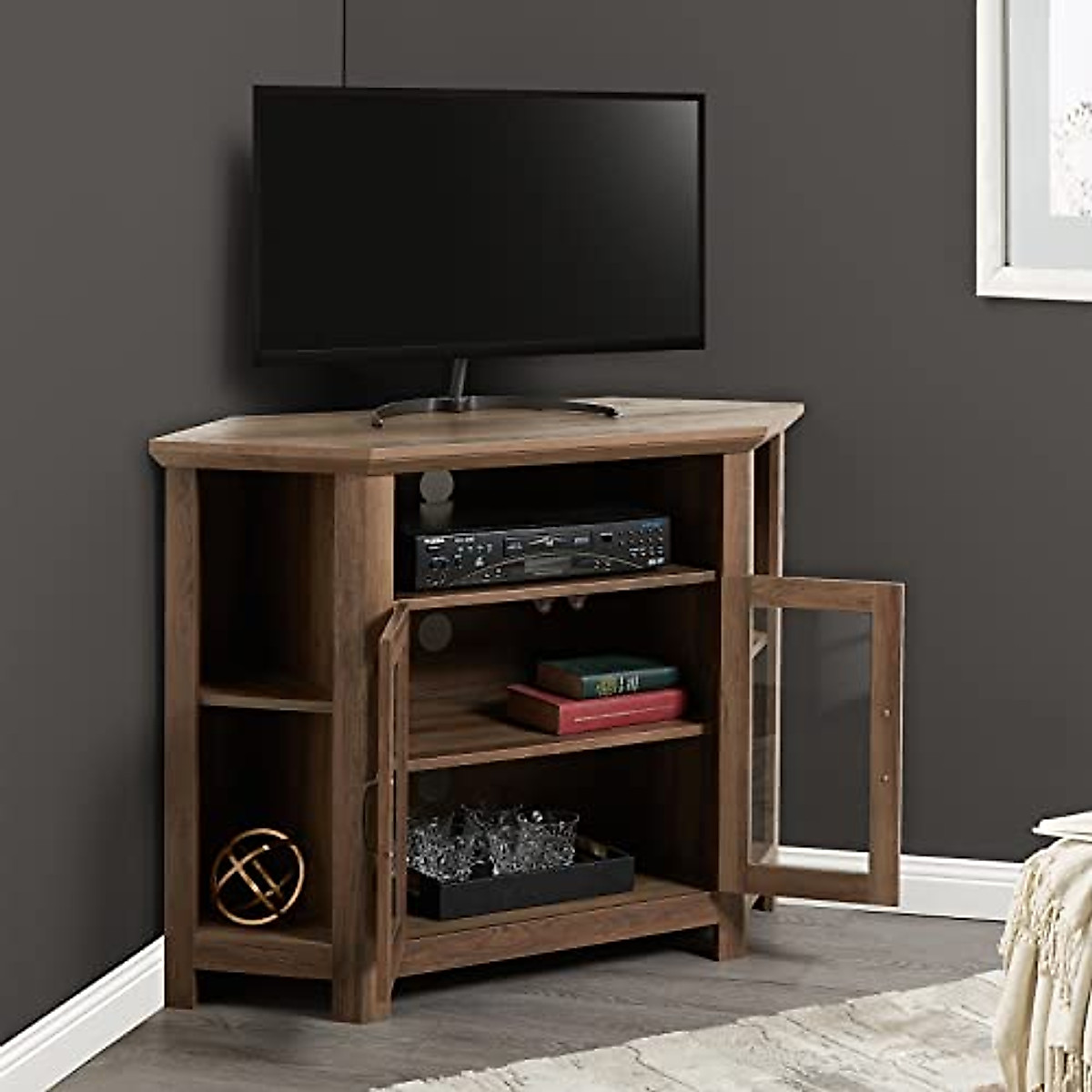 Amerlife Corner TV Stand for TV's up to 48", 44 Inch Modern Farmhouse Wood Entertainment Center, TV Console with Double Doors and Storage Cabinets for Living Room,Reclaimed Barnwood