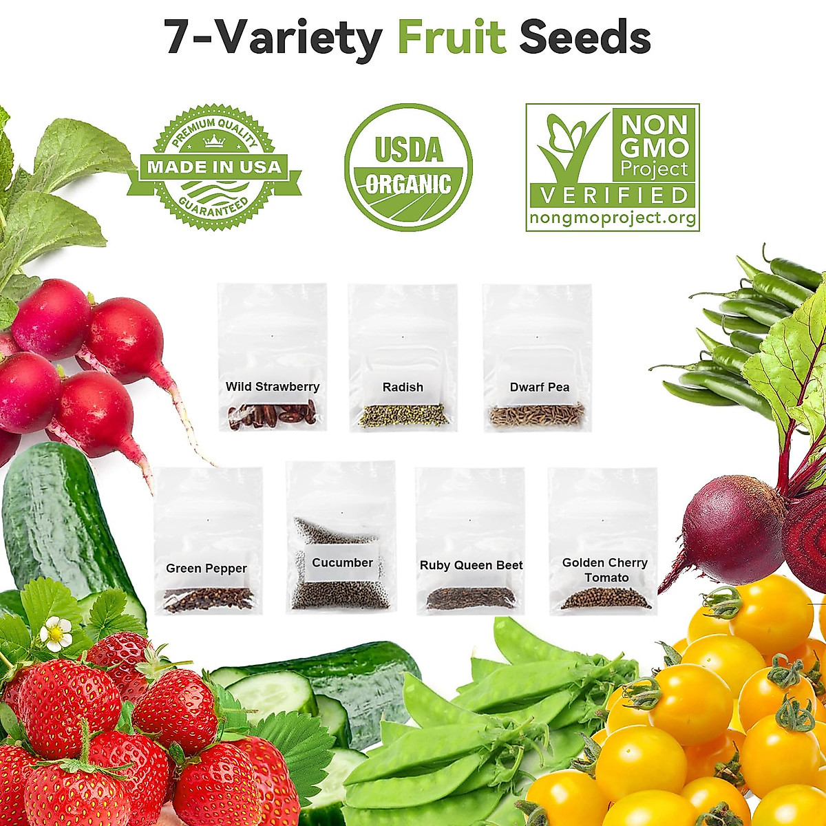 inbloom Fruit Seed Pod Kits for AeroGarden, Ahopegarden Hydroponics Garden, 12-Pods, 350+ Seeds Included Wild Strawberry, Radish, Dwarf Pea, Green Pepper, Cucumber, Ruby Queen Beet, Golden Tomato