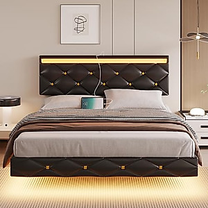 DICTAC Floating Bed Frame Full Size with Headboard and Charging Ports Modern Visual Full Floating Bed with Led Lights Black Faux Leather Upholstered Platform LED Full Bed Frame,No Box Spring Needed