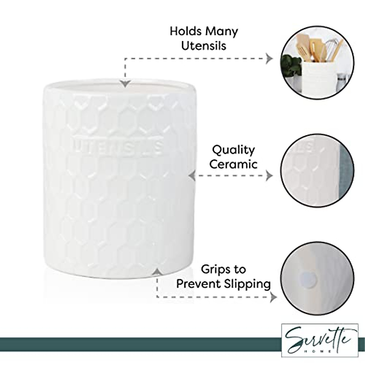 Servette Home Ceramic Utensil Holder for Kitchen Counter – Hexagon Patterened Utensil Crock
