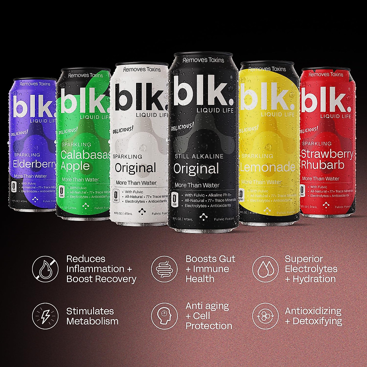 blk. Natural Alkaline Sparkling Mineral Electrolyte Infused with Fulvic and Amino Acids, Zero Sugar, Zero Calories Drink, Strawberry Rhubarb Flavored, 16 oz, 12 pack