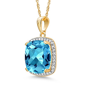 Gem Stone King Solid 10K Gold 12MM Cushion Cut Gemstone Birthstone and White Created Sapphire Halo Pendant Necklace | Gold Necklace For Women | With 18 Inch Gold Chain